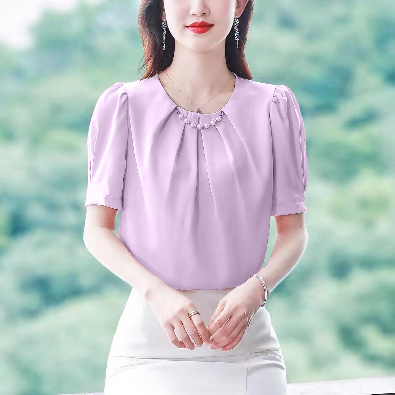 Pearl decoration short sleeve v-neck Polyester fibre blouse casual ...
