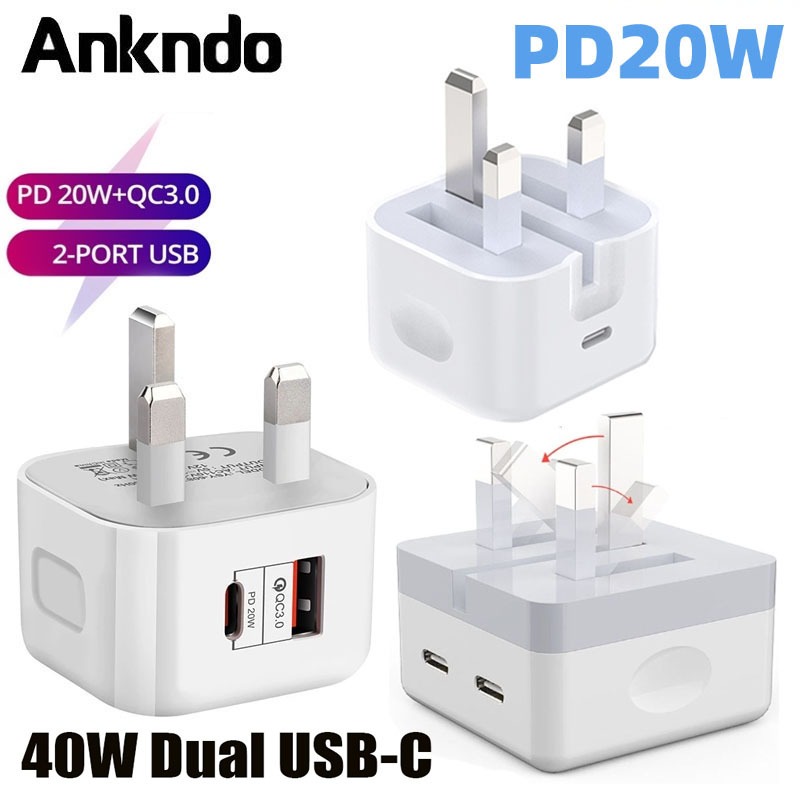 Ankndo UK Plug 40W/45W/20W Super Fast Charge PD Dual Port TYPE-C Fold ...