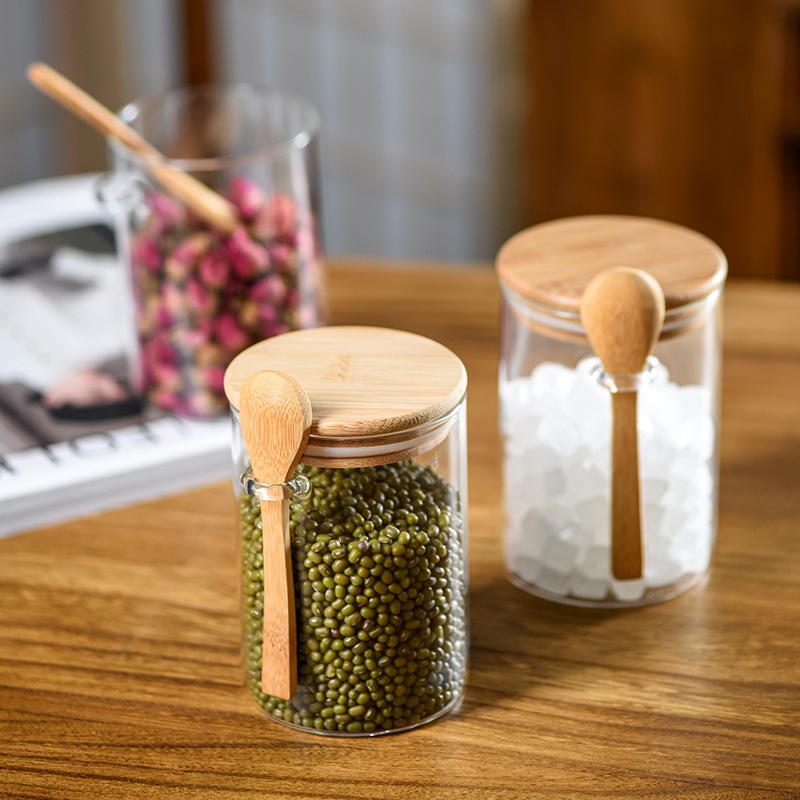 540ML/18oz Airtight Glass Jar With Lid And Spoon Sugar Salt Spice Jar ...