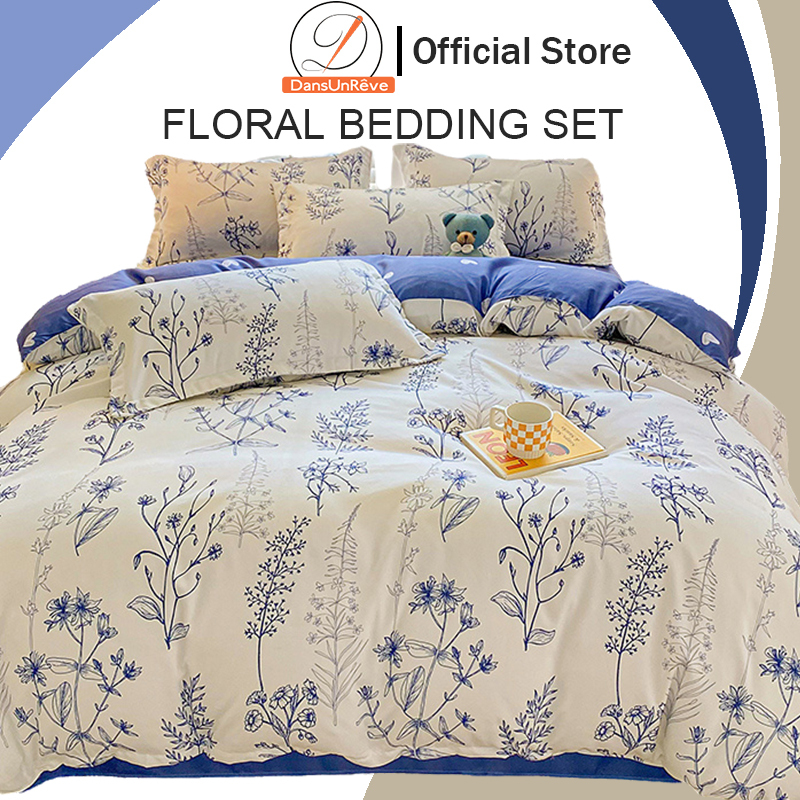 DANSUNREVE 3/4in1 Korean Style Bedding Set Flower Series Bedsheet Set with Quilt Cover 400TC ...