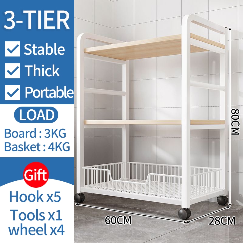 【SG Seller】3-Tier Kitchen Rack with 5 Hooks and 4 Wheels Storage Rack ...