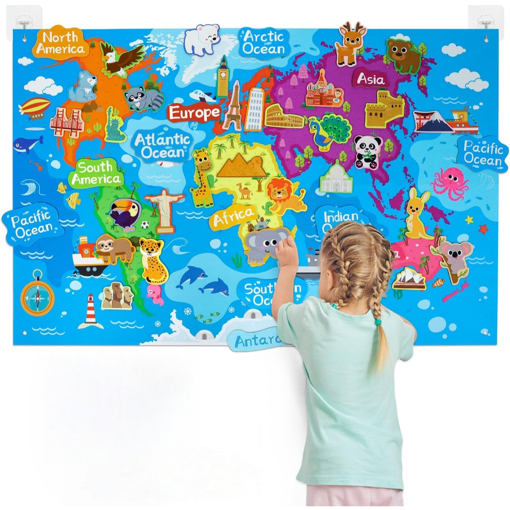 World Felt Map with World Famous Sights Educational Play Mat Flannel ...