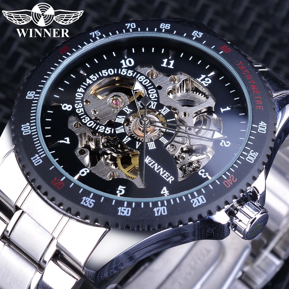 T-Winner watch black gold skeleton clock sports men's mechanical watch ...