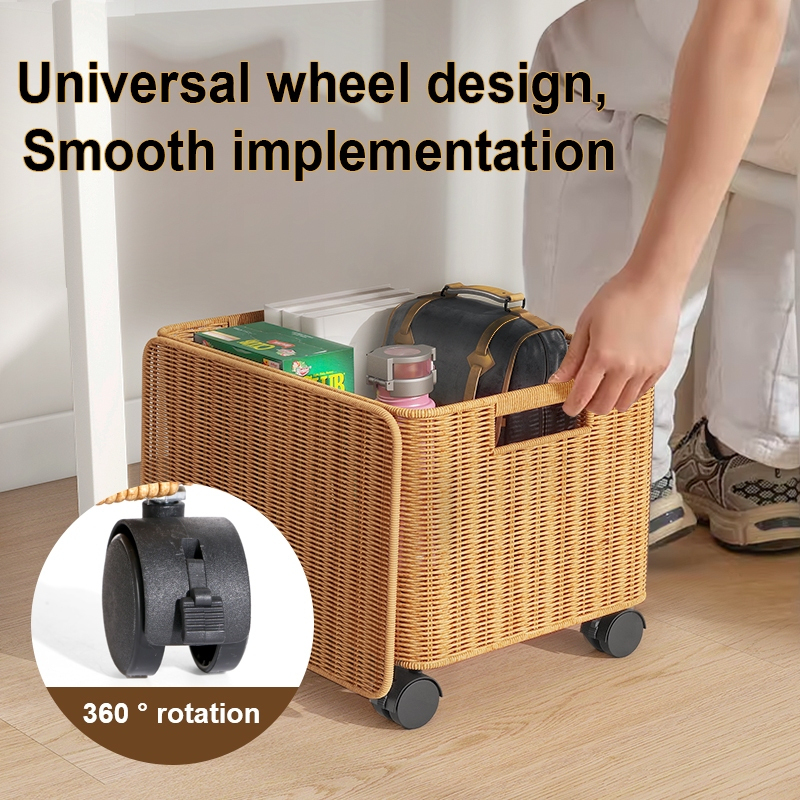 Wicker Basket with Wheels Rattan Lid Organizer Handwoven Storage Box ...