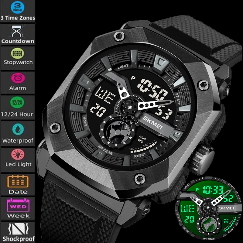 Skmei Mens Quartz Military Sports Watches Three Time Zone TPU Strap ...