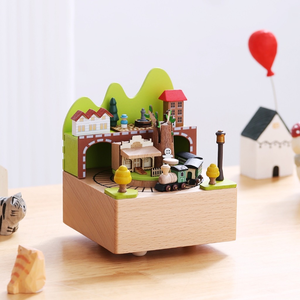 Wooden Music Box Desktop Decoration Cute Merry-go-round Little Train ...