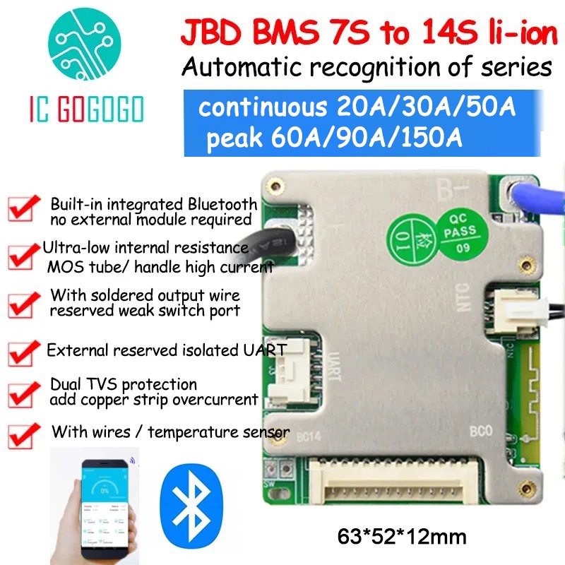 JBD 7S to 14S 13S Lithium ion Battery Protection Board 24V 36V 48V 52V ...