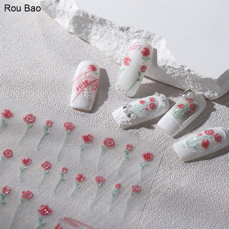 Rou Bao TK-032 5D Nail Embossed Stickers Red Rose Glitter Girly Thin ...