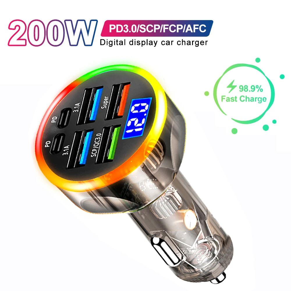 200W Car Charger 6 Ports Fast Charging with Digital Display PD QC3.0 ...