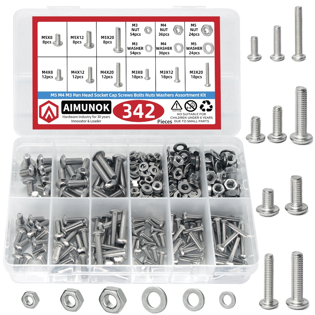 342pcs M5 M4 M3 Button Head Socket Cap Screws Bolts Nuts Washers Assortment Kit 304 Stainless