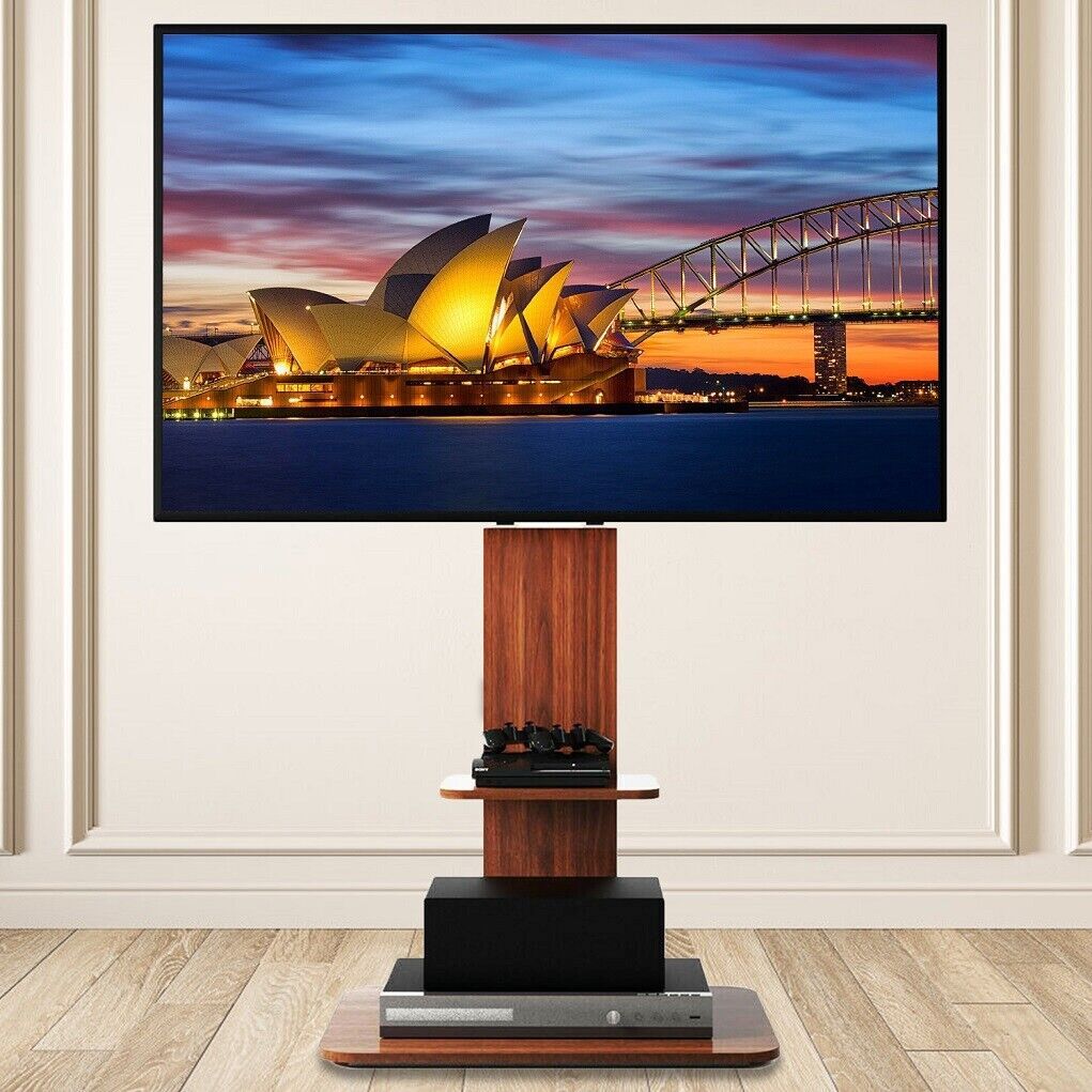 Heavy Duty Floor TV Stand Height Adjustable Mount with Solid Wood Base ...