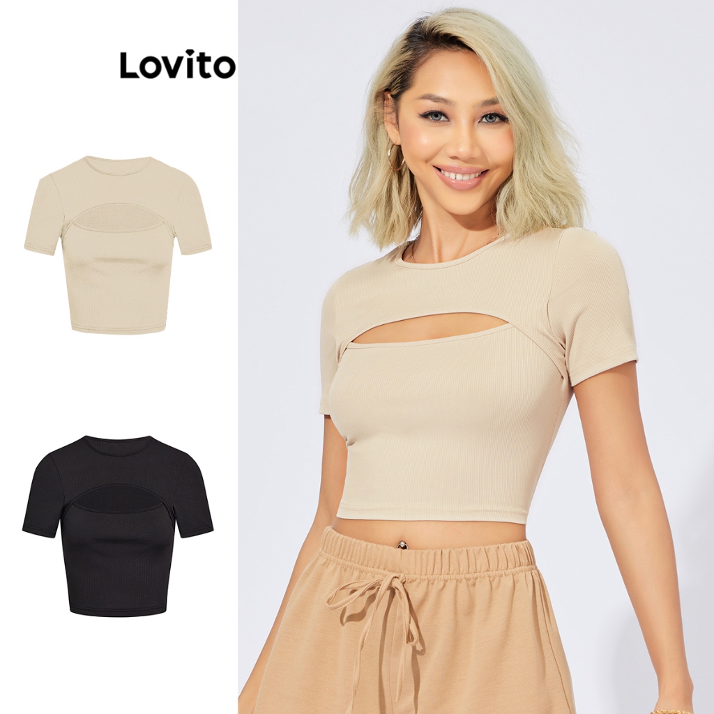 Lovito Casual Plain Cut Out Crop T-Shirt L22ED031 (Mocha Brown ...