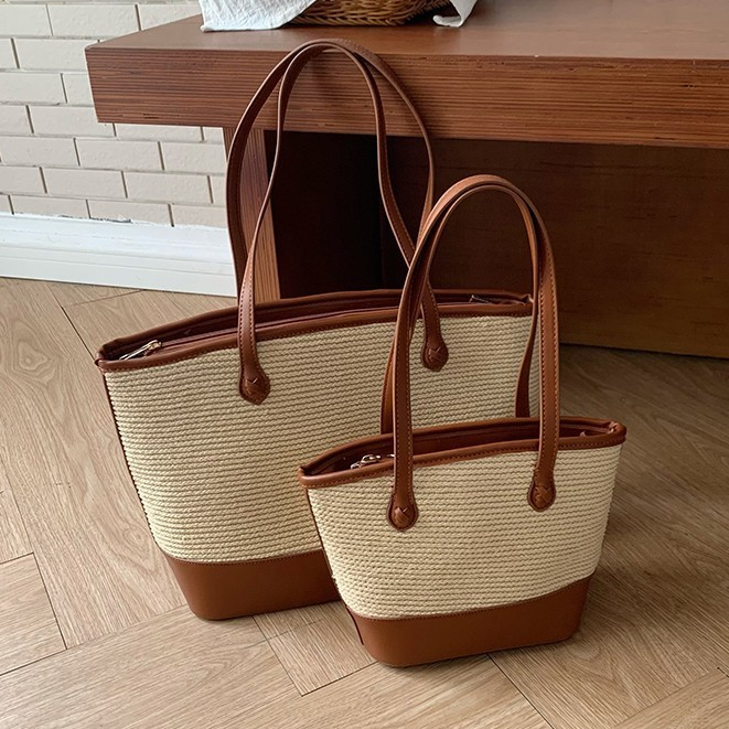 French Texture Popular Style ins Contrast Color Straw Bag Stitching ...
