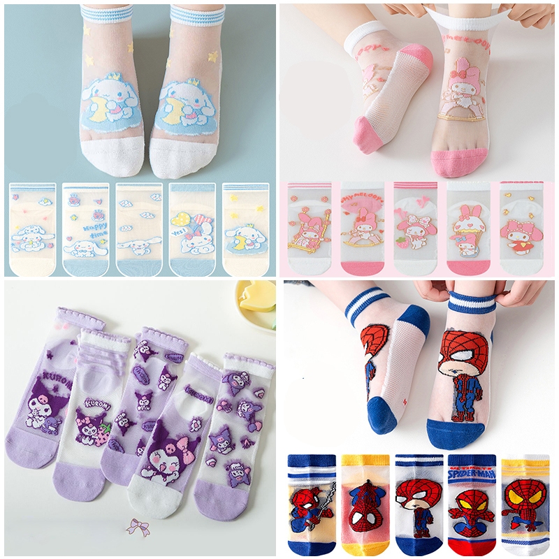 5 Pairs Girls Kids Summer Kuromi Spider Man Melody Ultraman Socks ...