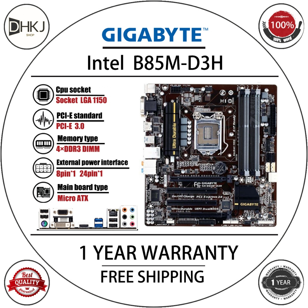 Used Gigabyte GA-B85M-D3H B85 Z87 LGA 1150 Core i7/i5/i3/Pentium/Celeron DDR3 32G Micro ATX ...