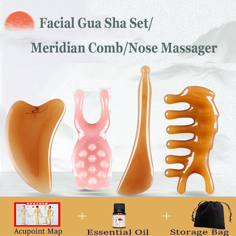 Facial Gua Sha Set Meridian Comb Nose Massager Beauty Tools Guasha ...