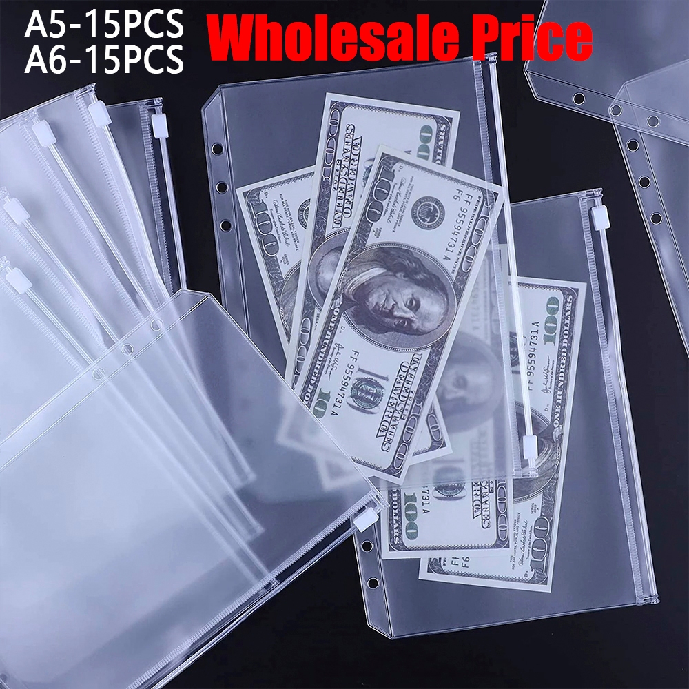 15PCS Convenient Clear PVC A5 A6 Binder Pockets Clear Zipper Folders ...