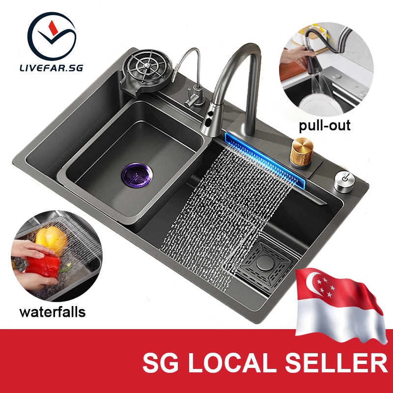 Black Nano Kitchen Sink SUS304 Stainless Steel Waterfall Basin Single ...