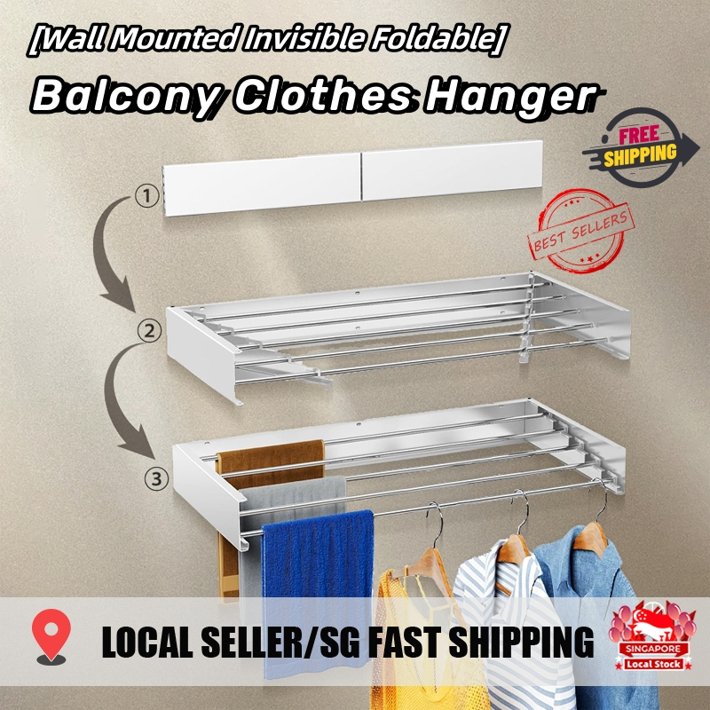 SG STOCK Balcony Folding Clothes Hanger Stainless Steel Drying Rack ...