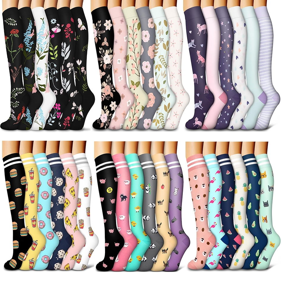 6 Pairs New Floral Pattern Compression Stockings Sports Professional ...