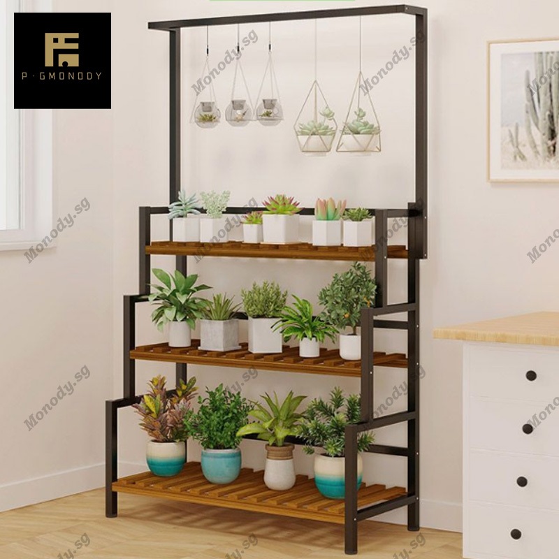 P·G Flower shelf Solid wood planter Wrought iron shelving Interior ...