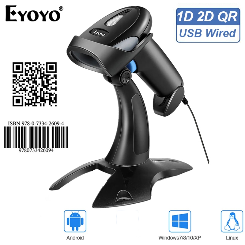 Eyoyo EY-019Y 1D 2D USB Wired Barcode Scanner with Stand, Handheld Scanner for Inventory ...