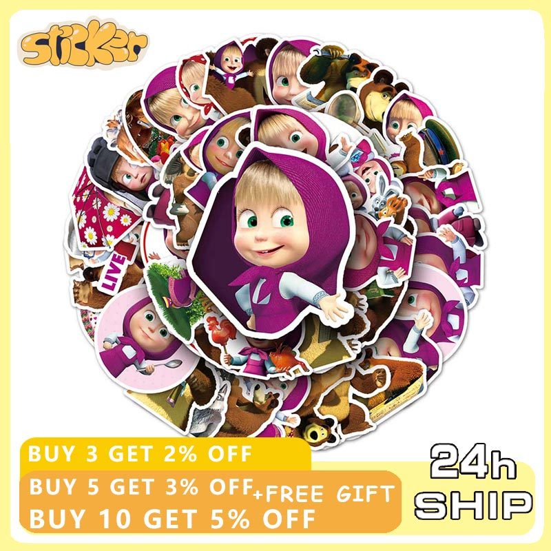 50pcs Masha and The Bear Animated Sticker DIY Car Trunk Water Cup ...
