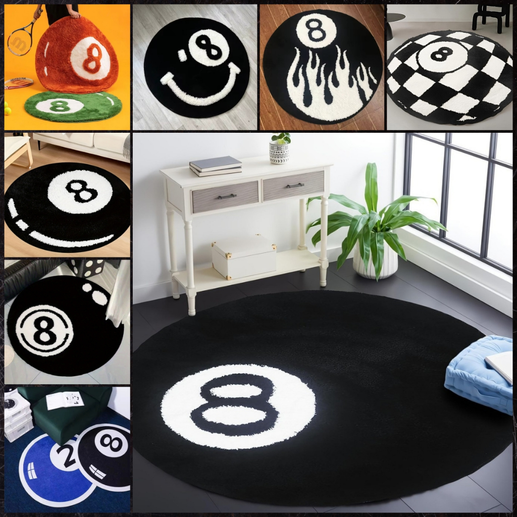 8 Ball Black Round Area Rugs, Soft Fluffy Black Patterned Carpet ...
