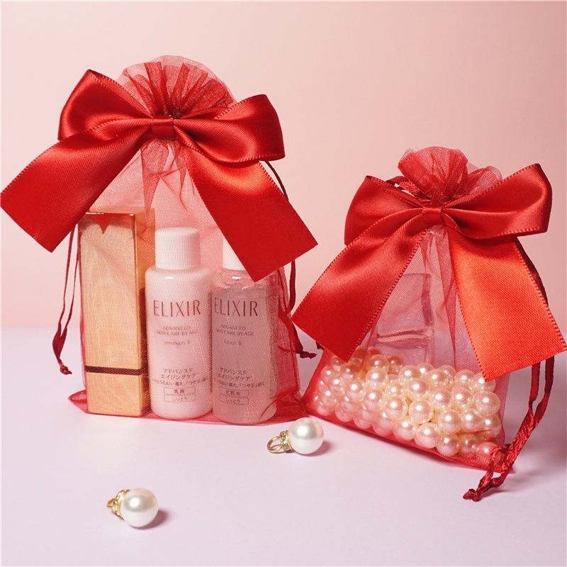 Red Drawstring Organza Bag with Bow Storage Rings Earrings Wedding ...