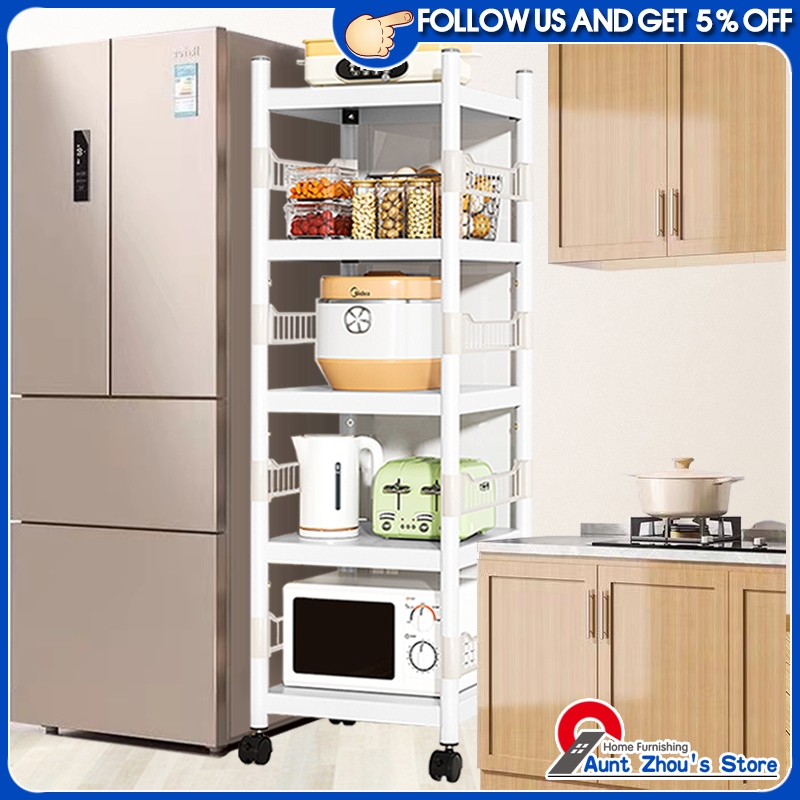 Movable White Kitchen Rack Shelf Metal Storage Rack with Wheels ...