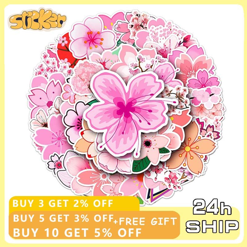 50pcs Sakura Flowers Stickers Laptop Bicycle Guitar Sticker Kid DIY ...