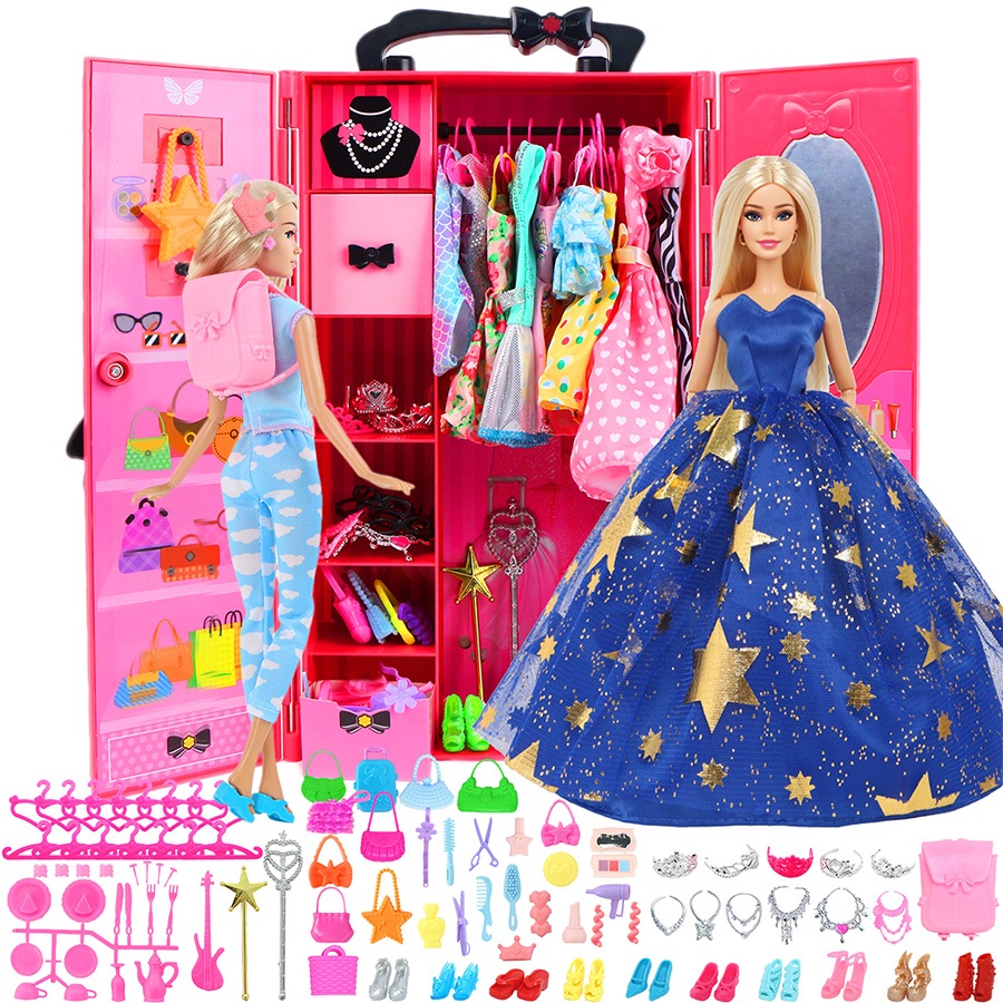 104 Pcs Doll Wardrobe with Clothes and Accessories Set for Barbie Doll ...