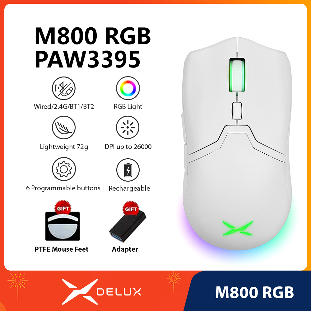 DELUX M800 RGB PAW3395 26000DPI Rechargeable Programmable Bluetooth 2.4g Wired Wireless Gaming ...
