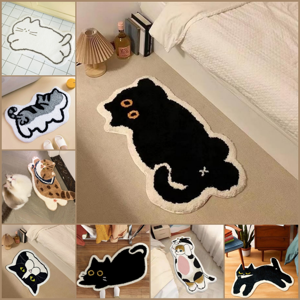 Cute Little Black Cat Cartoon Faux Cashmere Floor Mat Ins Teenage Girl ...
