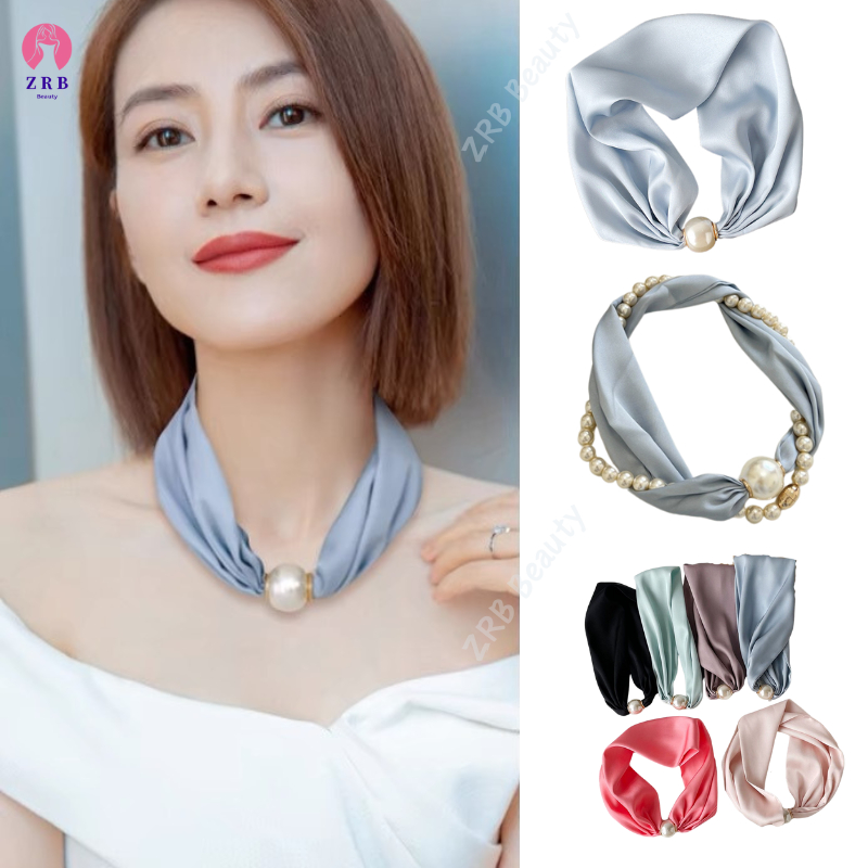 Round Bead Magnetic Buckle Silk Scarf Pearl Necklace Silk Scarf Women Summer Korean Version ...