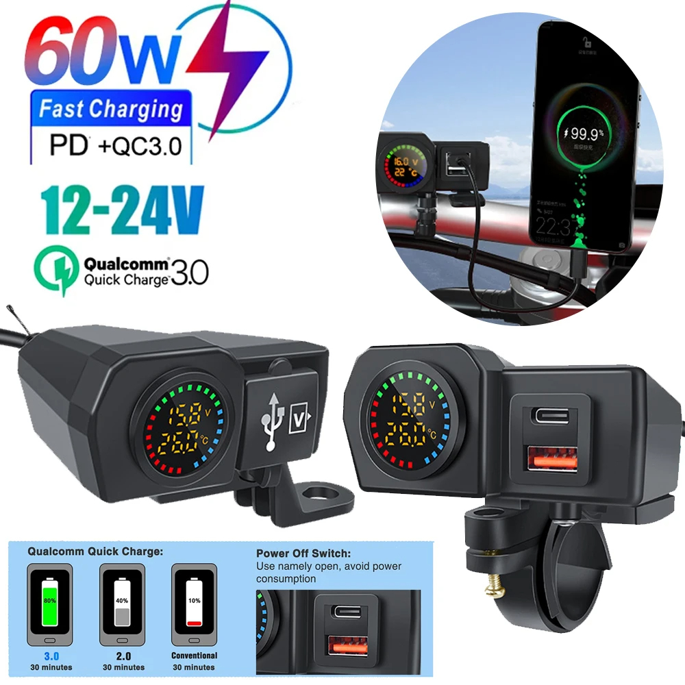 60W Motorcycle QC3.0 PD Charger Socket USB Type-C Fast Charging ...