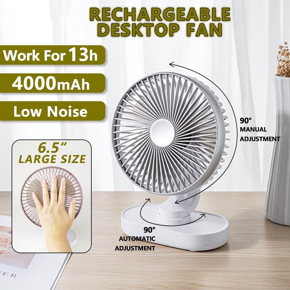 6.5" 4000mAh Rechargeable Fan Portable Electric Fan Desk Fan Auto ...