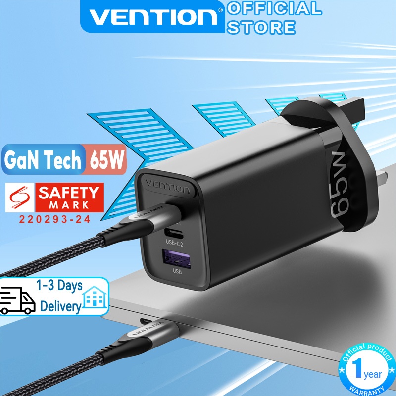 Vention 65W GaN Charger (1 Year Warranty) UK Plug 3 Ports Turbo ...