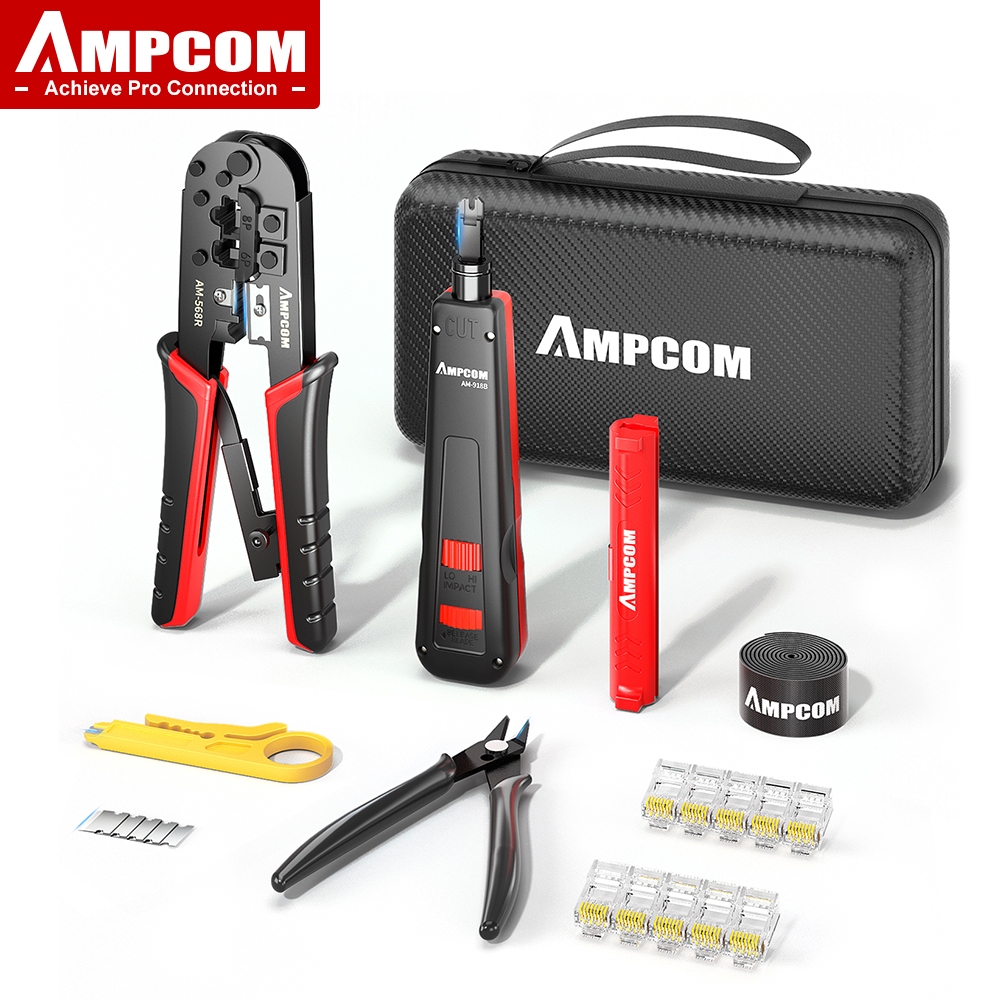 AMPCOM Ethernet Crimping Tool Kit 7-in-1 for CAT6/CAT5e RJ45 Connectors with 110 Punch Down Tool ...