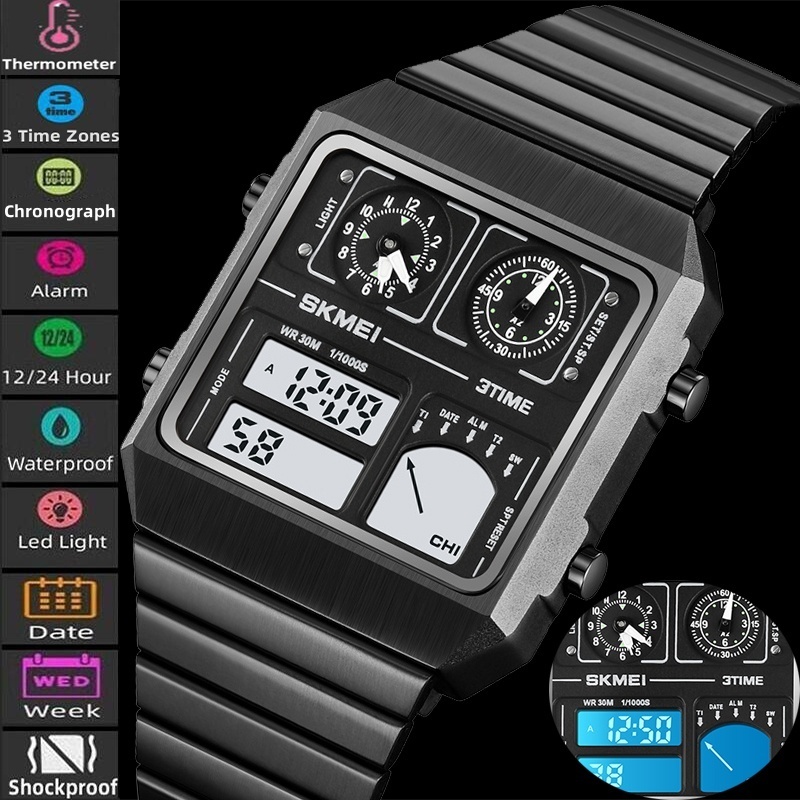 Skmei Classical Style Mens Digital Watches Three Time Zone Led ...