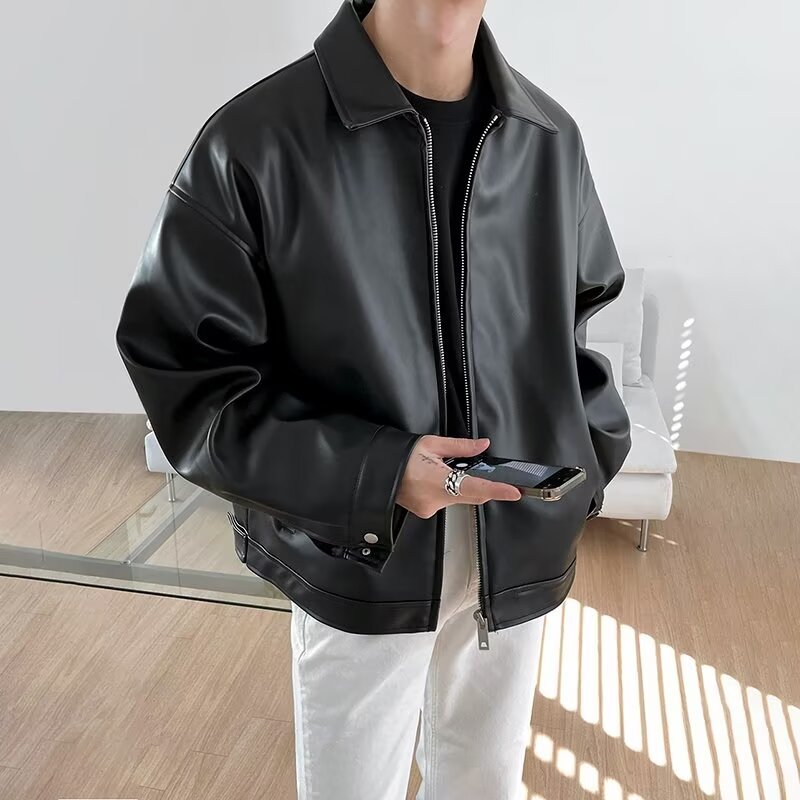Leather Jacket Men Autumn Winter Retro Jacket Ruffian Handsome Lapel ...
