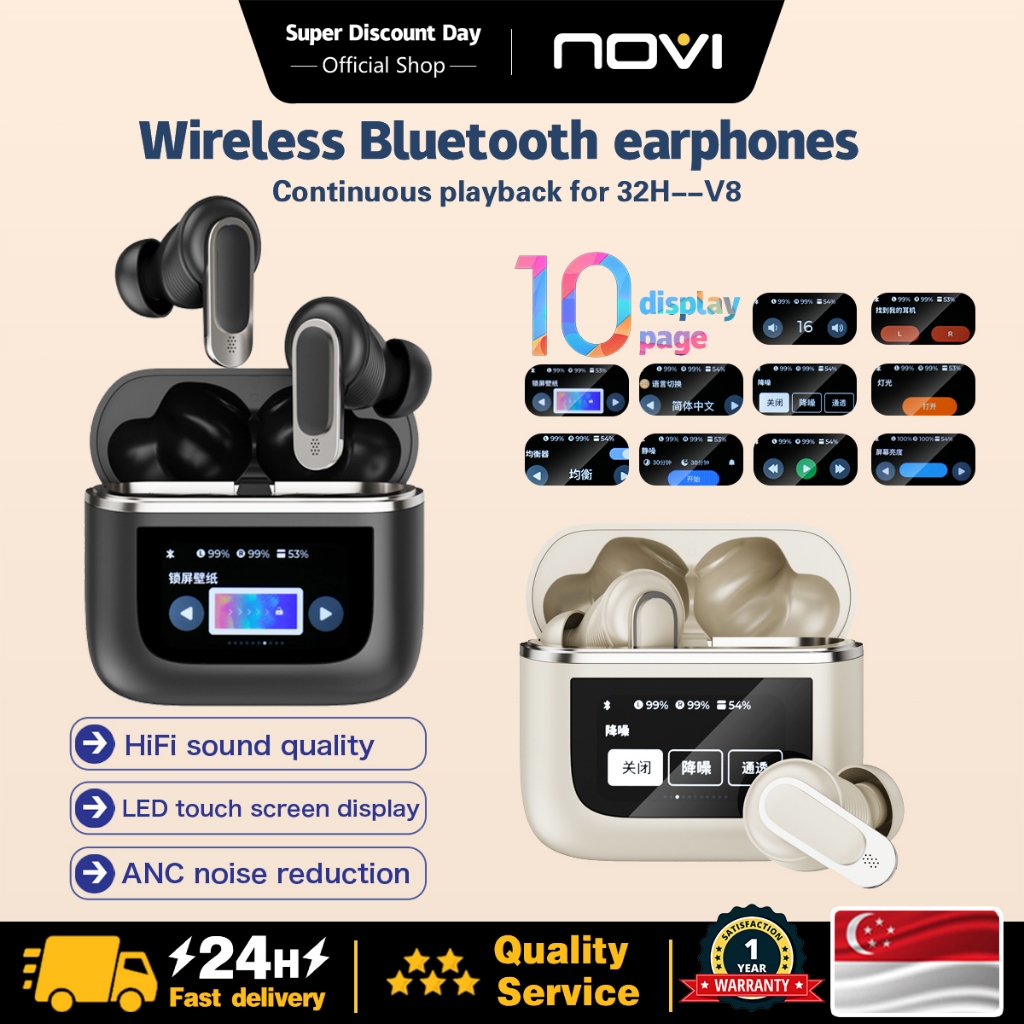 Novi New TWS Touchscreen Noise Cancelling Earbuds V8 ANC Stereo Deep Bass Bluetooth Earphones ...