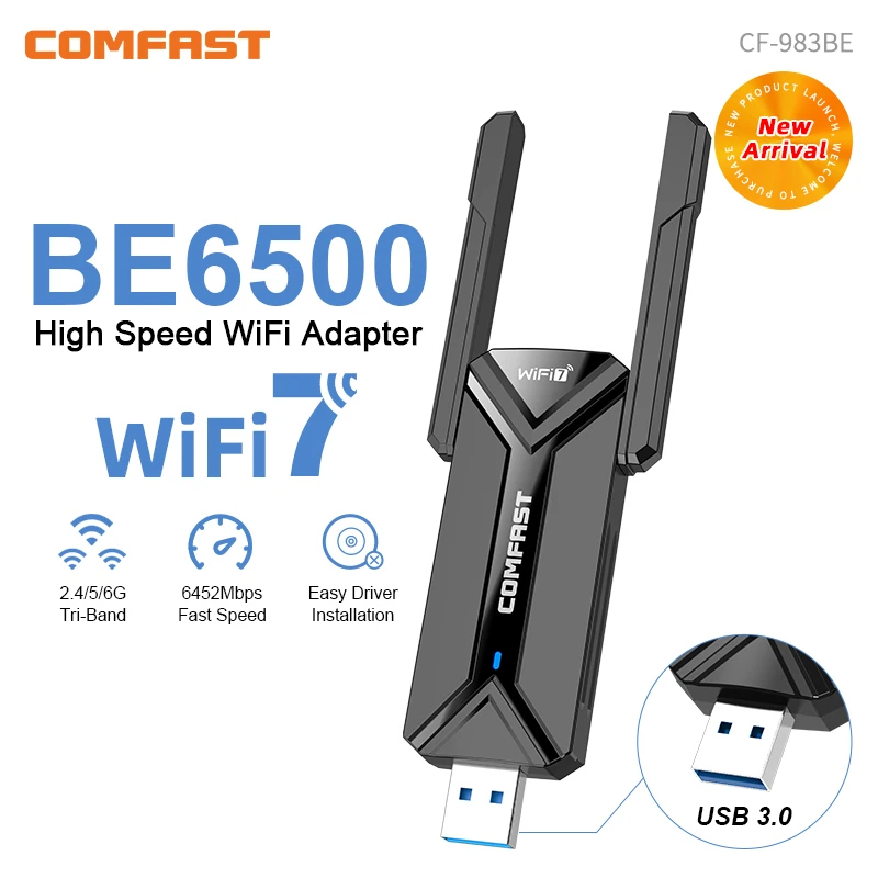Comfast BE6500 Wifi 7 USB Adapter Tri-Band 6G/5G/2G USB3.0 Dual Band Antena Wifi for PC Network ...