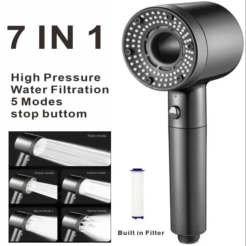 5 Modes Booster Rainfall Handheld Stop Adjustable High Pressure ...