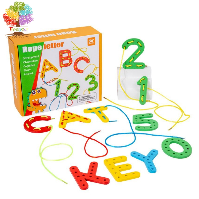 Rope Letter and Number Lacing Toy – Montessori Educational Wooden Set ...