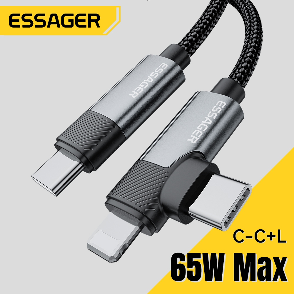 ESSAGER 65W C-C+L 2 in 1 Fast Charging data cable compatible with PD27W ...