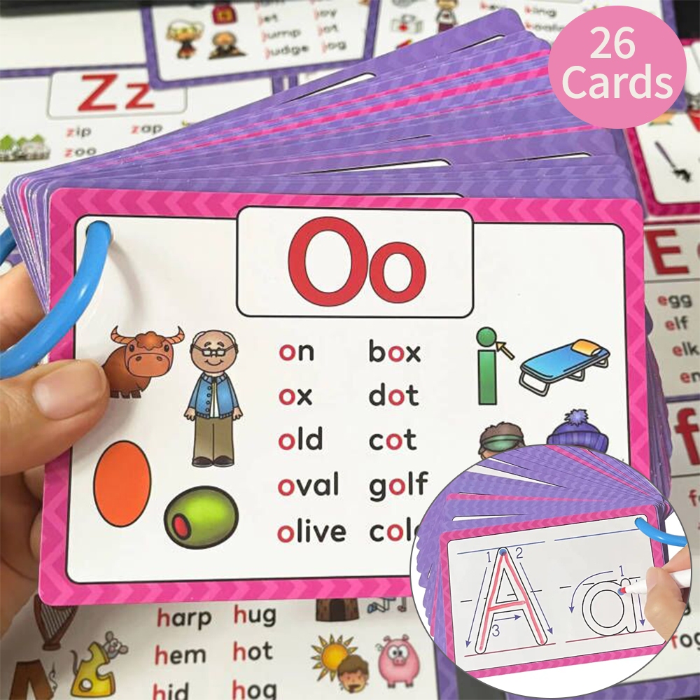 26 Alphabet Phonics CVC Words Learning FlashCards +1 Reasable Pen Trace ...