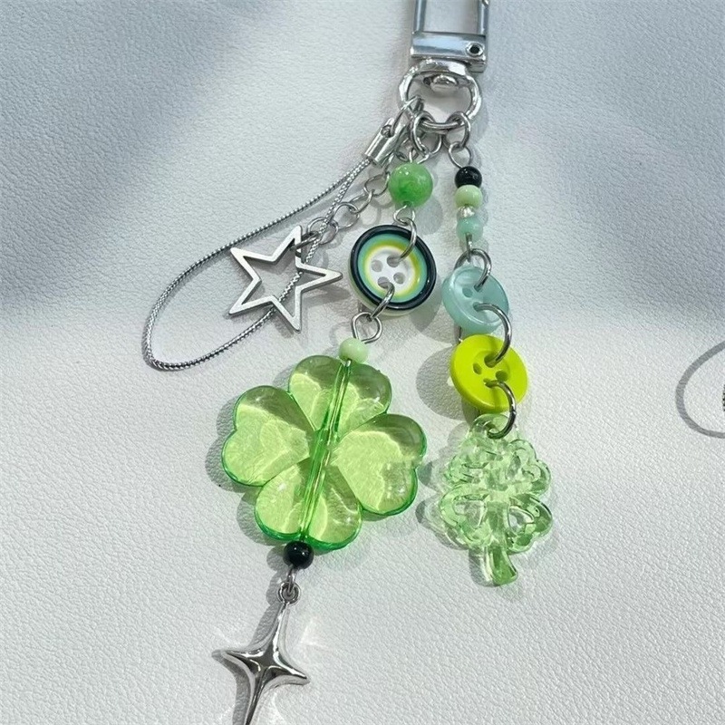 Y2K Green Lucky Four-leaf Clover Keychain Beaded Phone Chain Bag ...