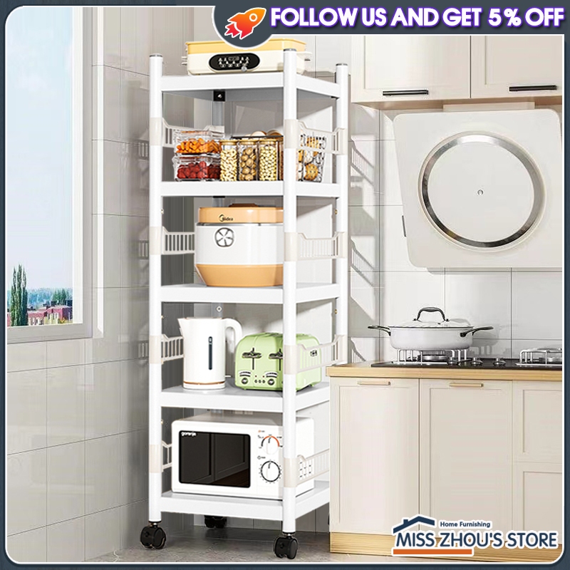 Movable Metal Kitchen Rack Shelf White Storage Rack with Wheels ...