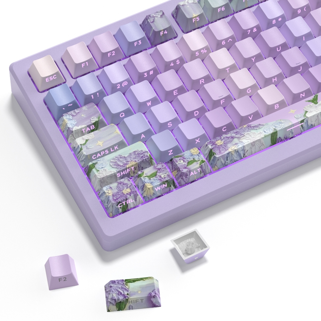 130 Keys Side Printed Keycaps Purple Flower Custom Dye-sub Key Cap PBT ...